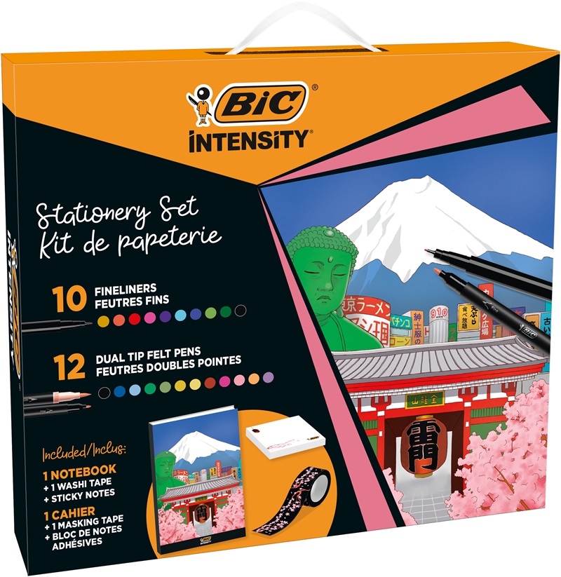 Set BIC Intensity Japan, 10 fineliners, 12 markere de colorat dual tip ...