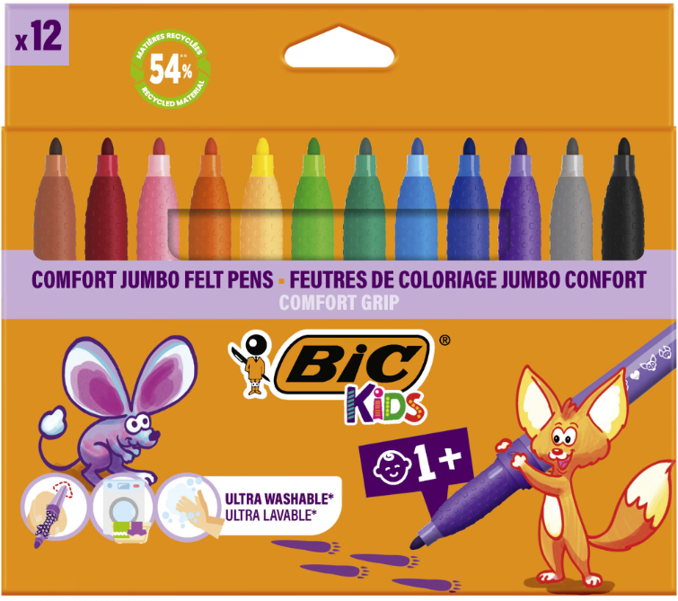 Markere de colorat BIC Kids Comfort Jumbo, cerneala ultra-lavabila pe ...