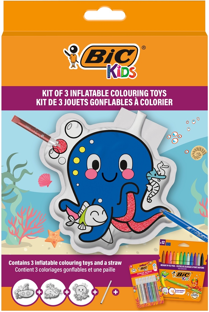Kit de colorat Bic Kids, 3 jucarii gonflabile de colorat, 12 markere de ...
