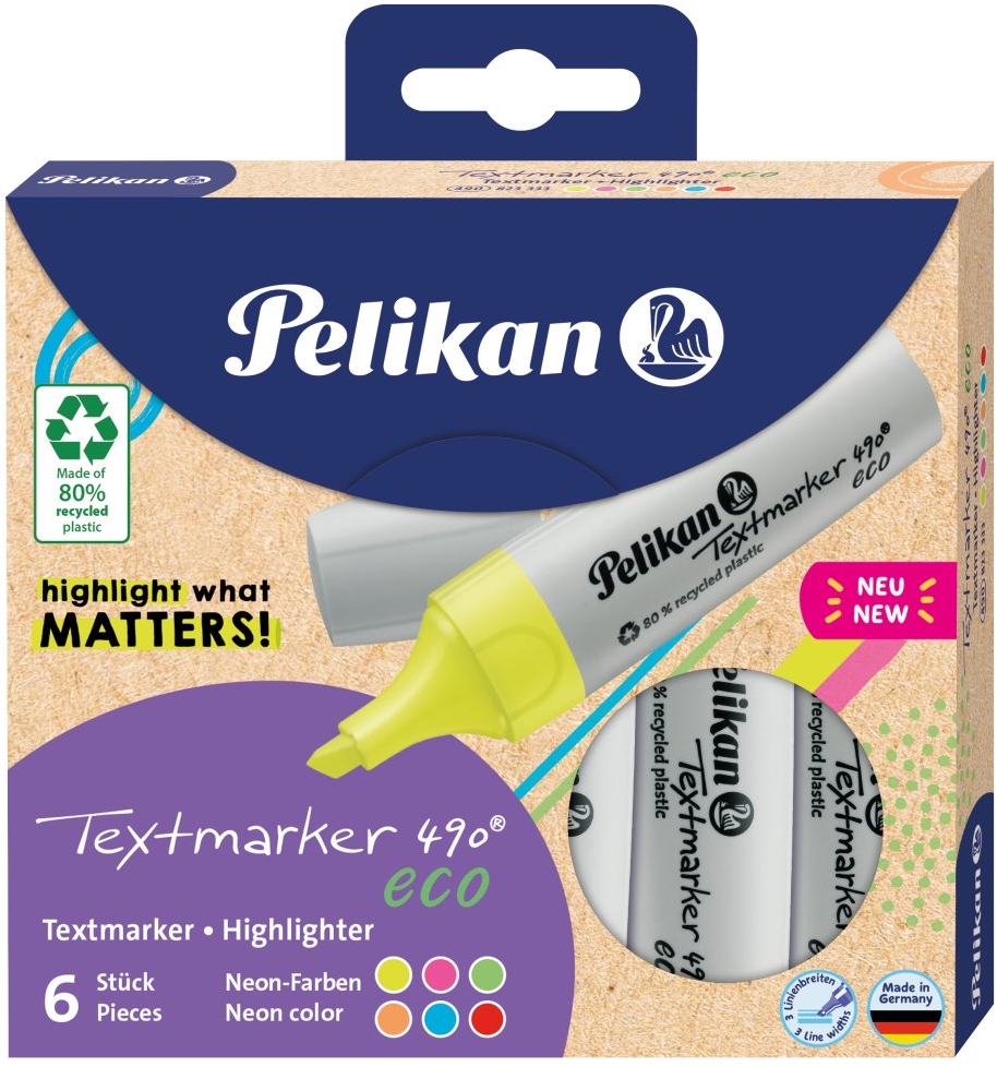 Textmarker 490 eco, set 6 culori neon, in cutie de carton, Pelikan - BNB