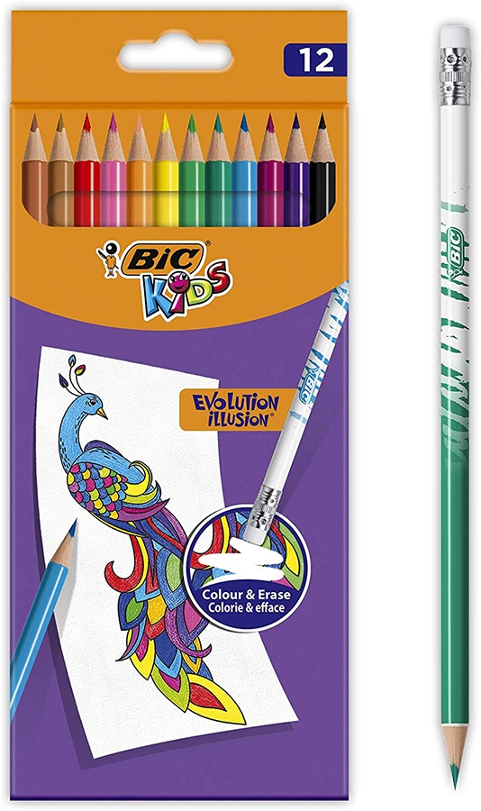 Creioane colorate cu radiera Evolution Illusion 12 buc/set Bic - BNB