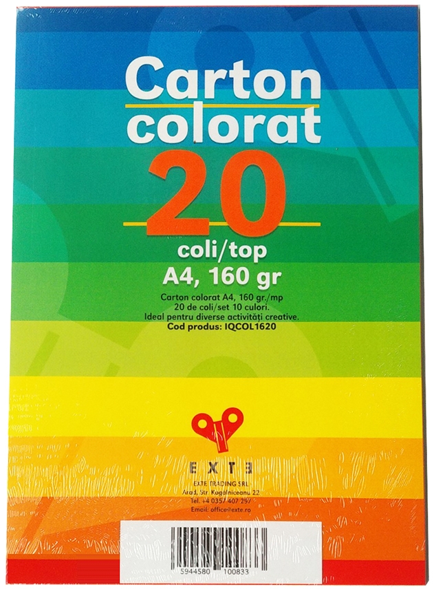 Carton colorat A4, 160 gr, 20 coli/set, 10 culori, Exte - BNB