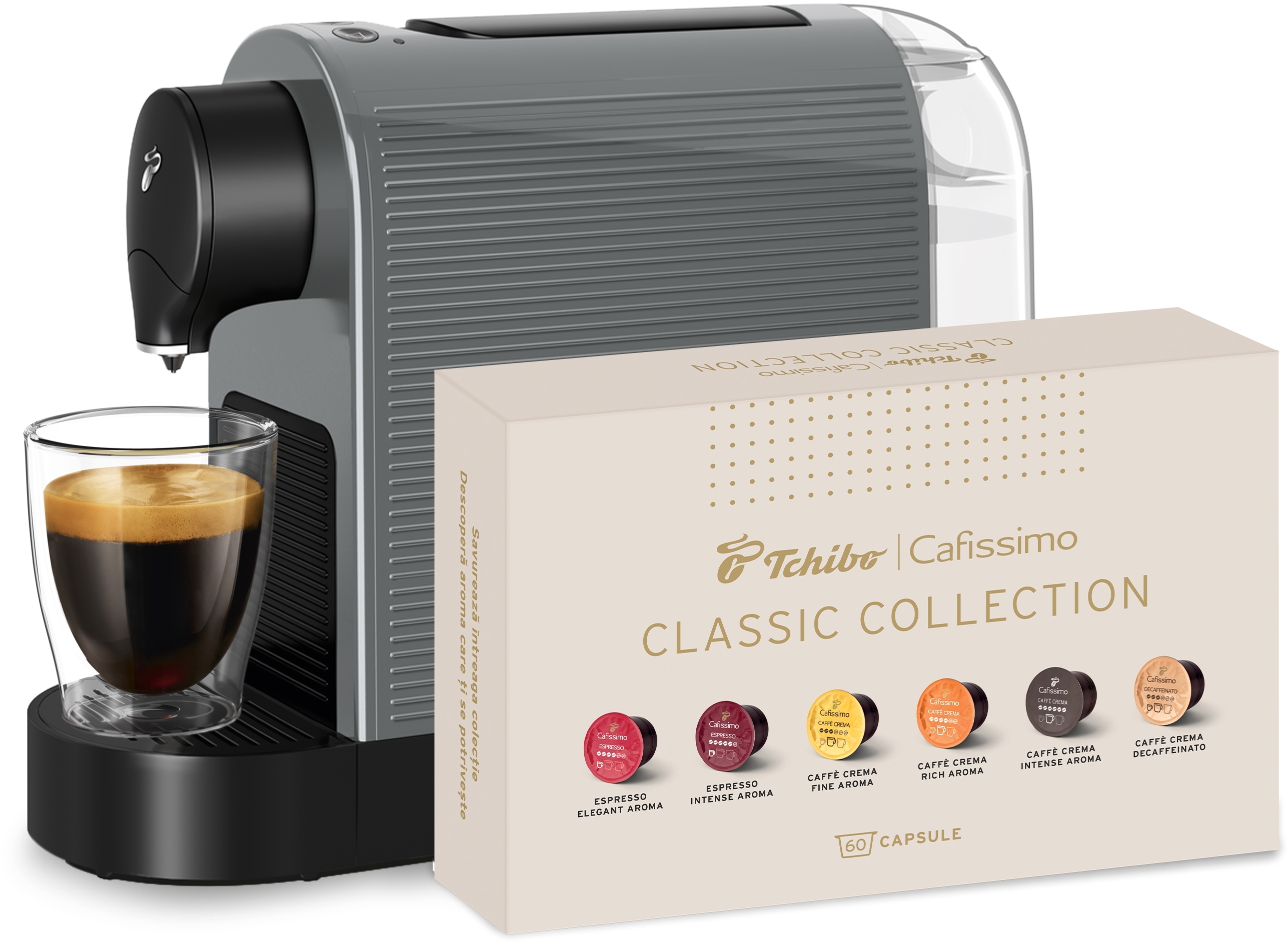 Espressor capsule Tchibo Cafissimo Pure Plus, Grey + set capsule cafea ...