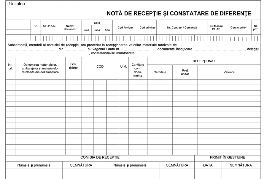 Nota receptie si constatare diferenta autocopiativa fara TVA - BNB