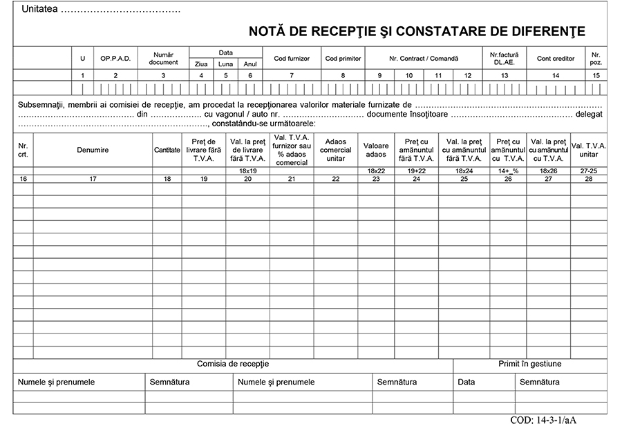 Nota receptie si constatare diferenta autocopiativa cu TVA - BNB